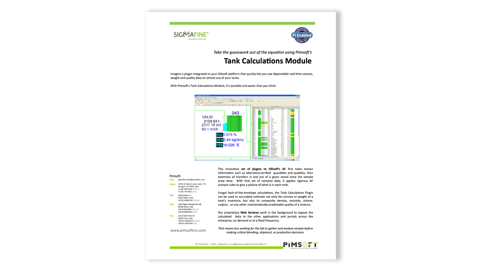 Sigmafine Tank Calculations Module | Pimsoft
